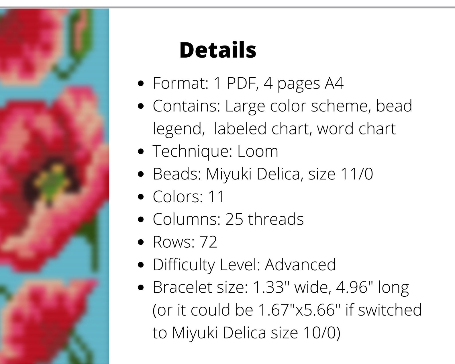 Poppy Loom Pattern for Beaded Bracelet, Flower Pattern, DIY Beaded ...