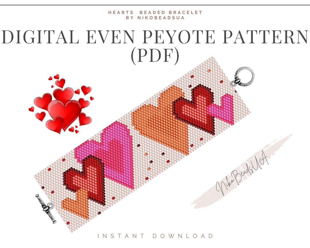 Hearts Even Peyote Pattern for Beaded Bracelet, Valentine Pattern, DIY ...