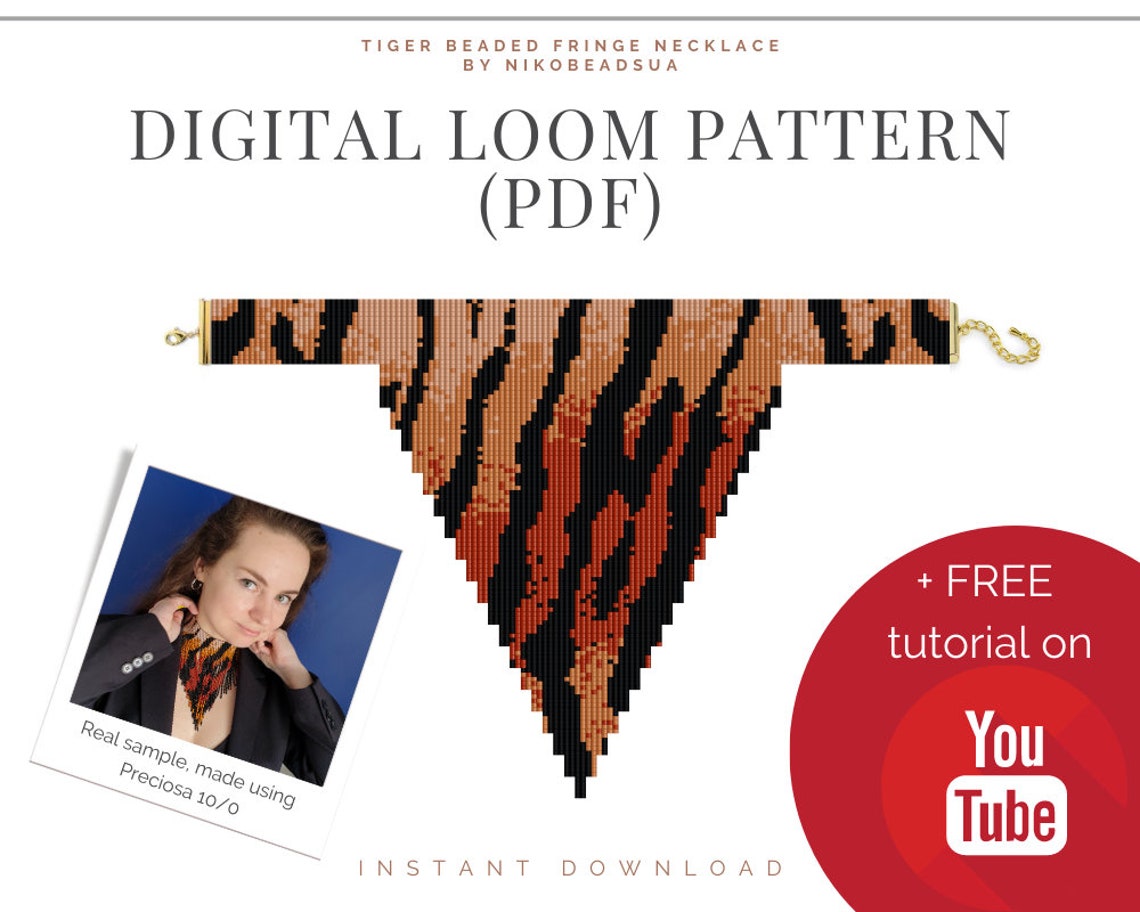 Tiger Stripe Beaded Loom Necklace Pattern With Fringe - DIY Jewelry ...