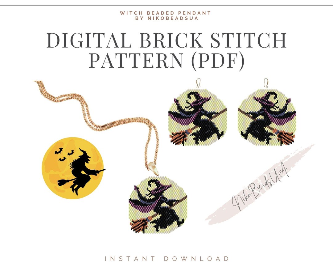 Witch on a Broom Brick Stitch Pattern for Beaded Earrings, Keychain or ...