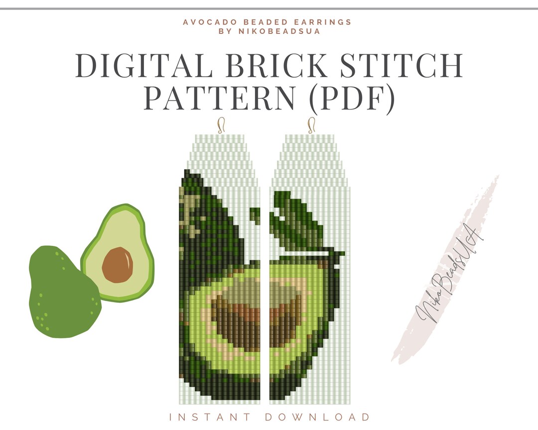 Avocado Brick Stitch Pattern for Fringe Beaded Earrings, Fruit Pattern ...