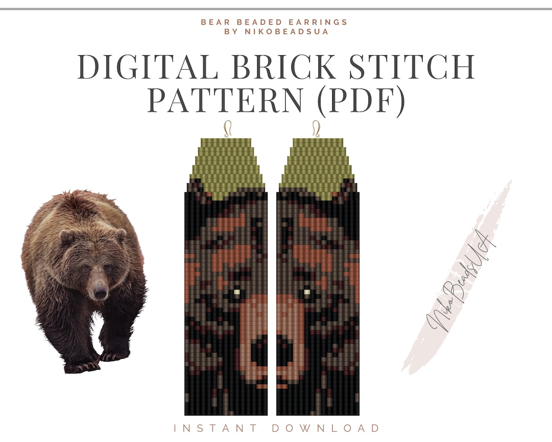 Bear Face Brick Stitch Pattern for Fringe Beaded Earrings, Animal ...