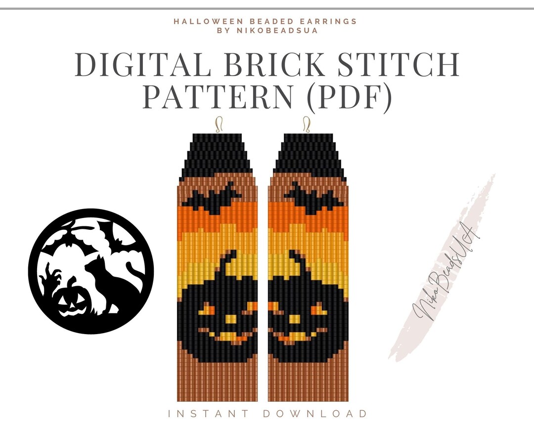 Halloween Brick Stitch Pattern for Fringe Beaded Earrings, Pumpkin ...