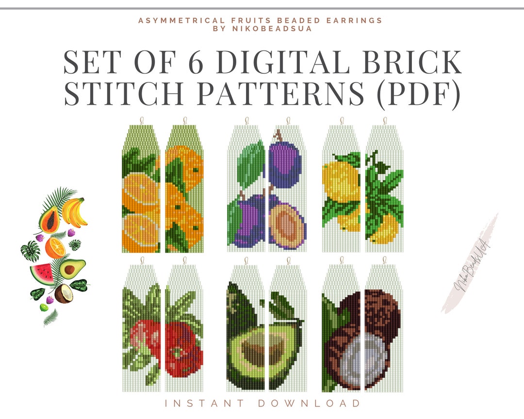 Set of 6 Fruit Earrings Brick Stitch Patterns for Fringe Beaded ...