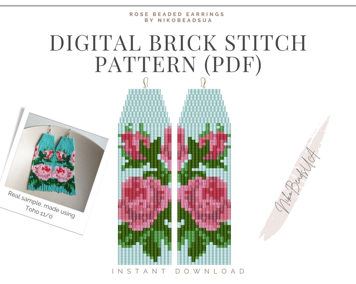 Rose Brick Stitch Pattern for Fringe Beaded Earrings, Flower Pattern ...