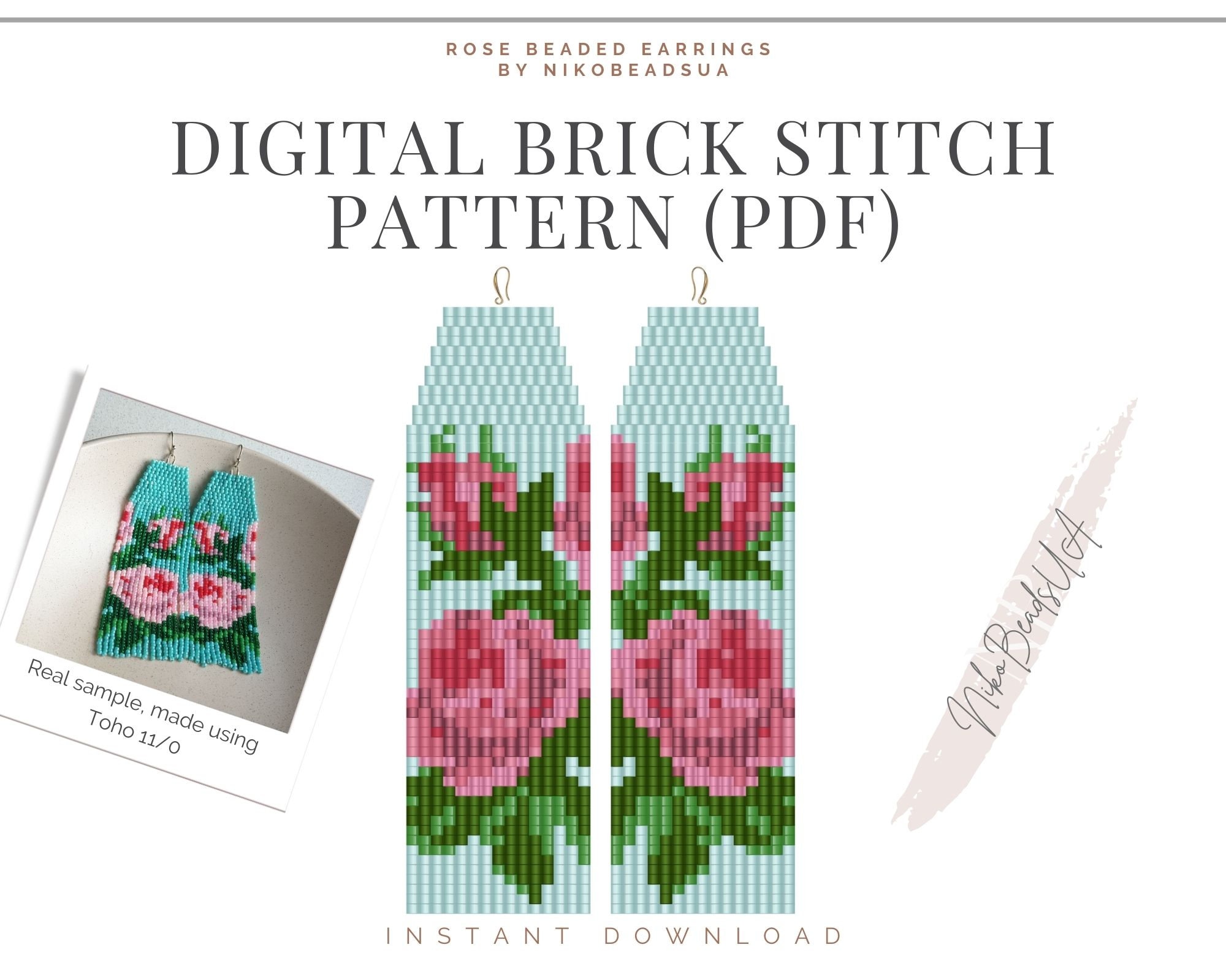 Rose Brick Stitch Pattern for Fringe Beaded Earrings, Flower Pattern ...
