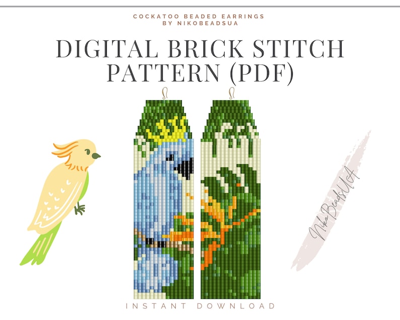 Cockatoo Brick Stitch Pattern for Fringe Beaded Earrings, Parrot ...