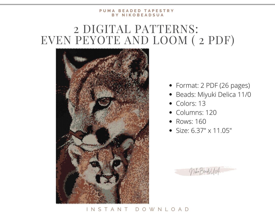 Puma and Cub Even Peyote and Loom Patterns for Beaded Tapestry, Animal ...