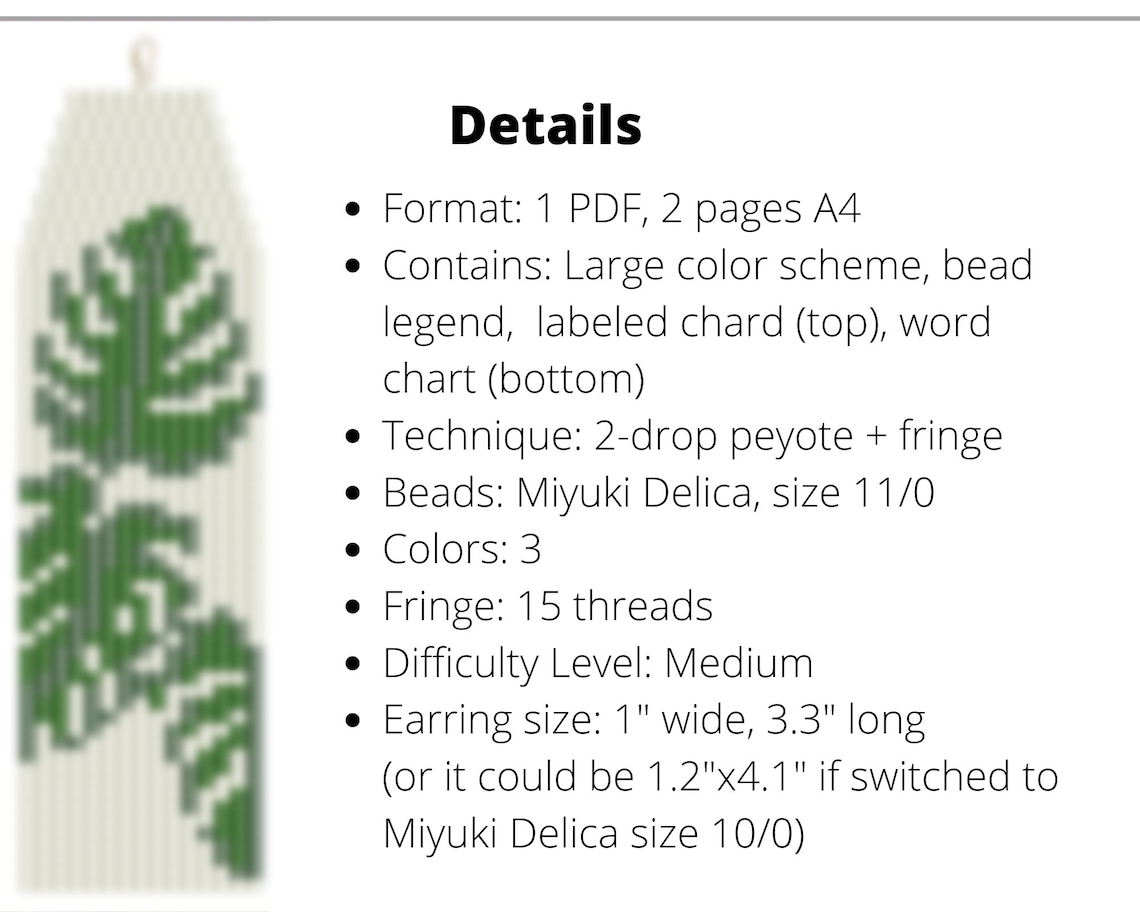 Monstera Leaf Brick Stitch Pattern for Fringe Beaded Earrings, Floral ...