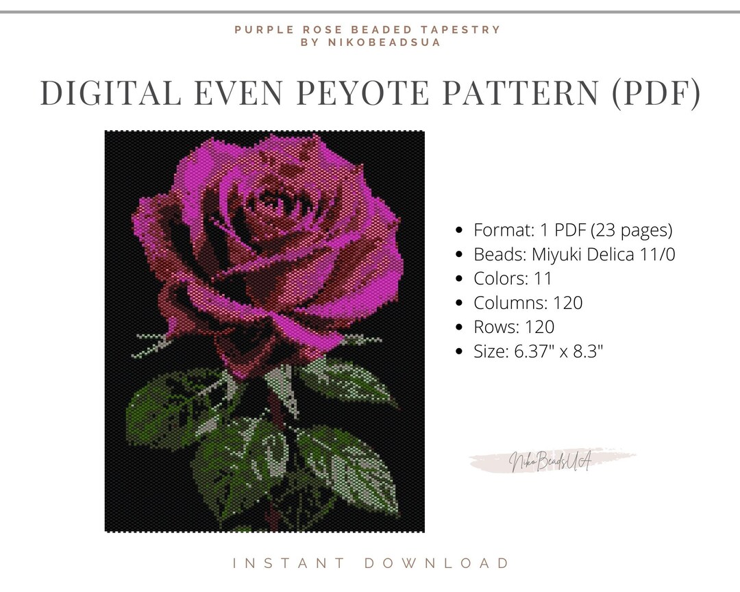 Purple Rose Even Peyote Pattern for Beaded Tapestry, Floral Pattern ...
