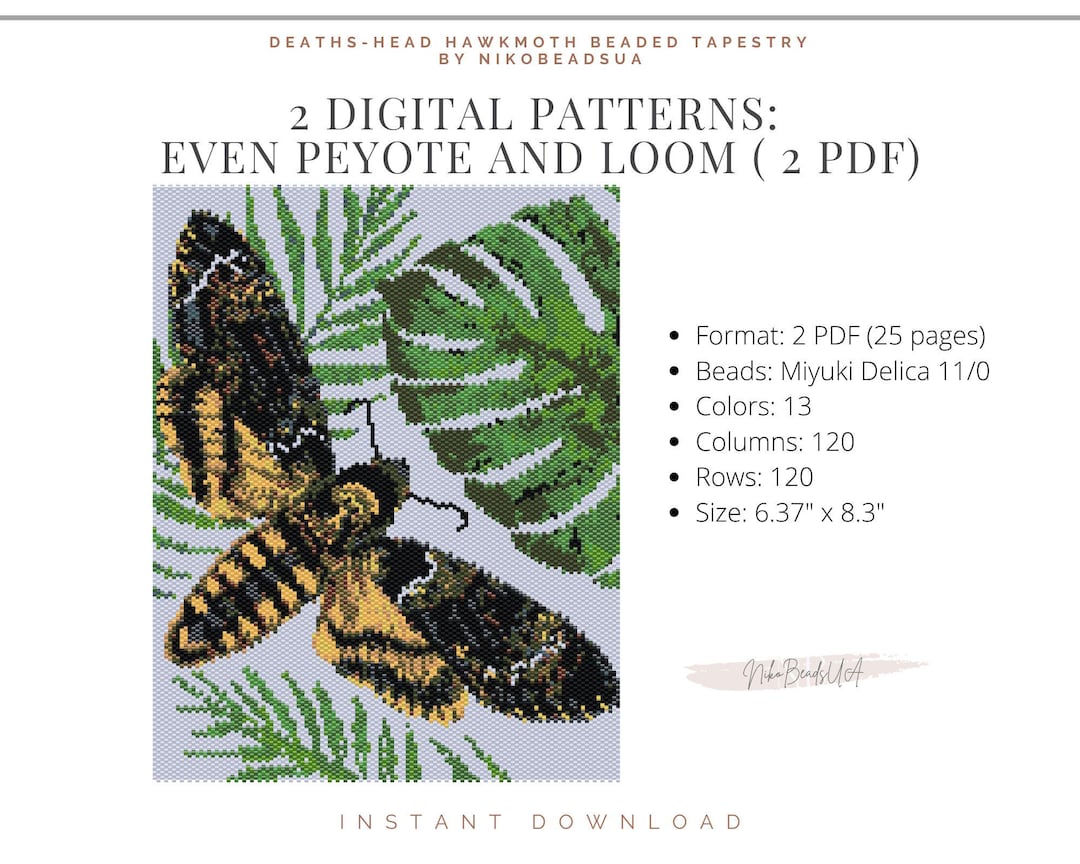 Death's-head Hawkmoth Even Peyote and Loom Patterns for Beaded Tapestry ...