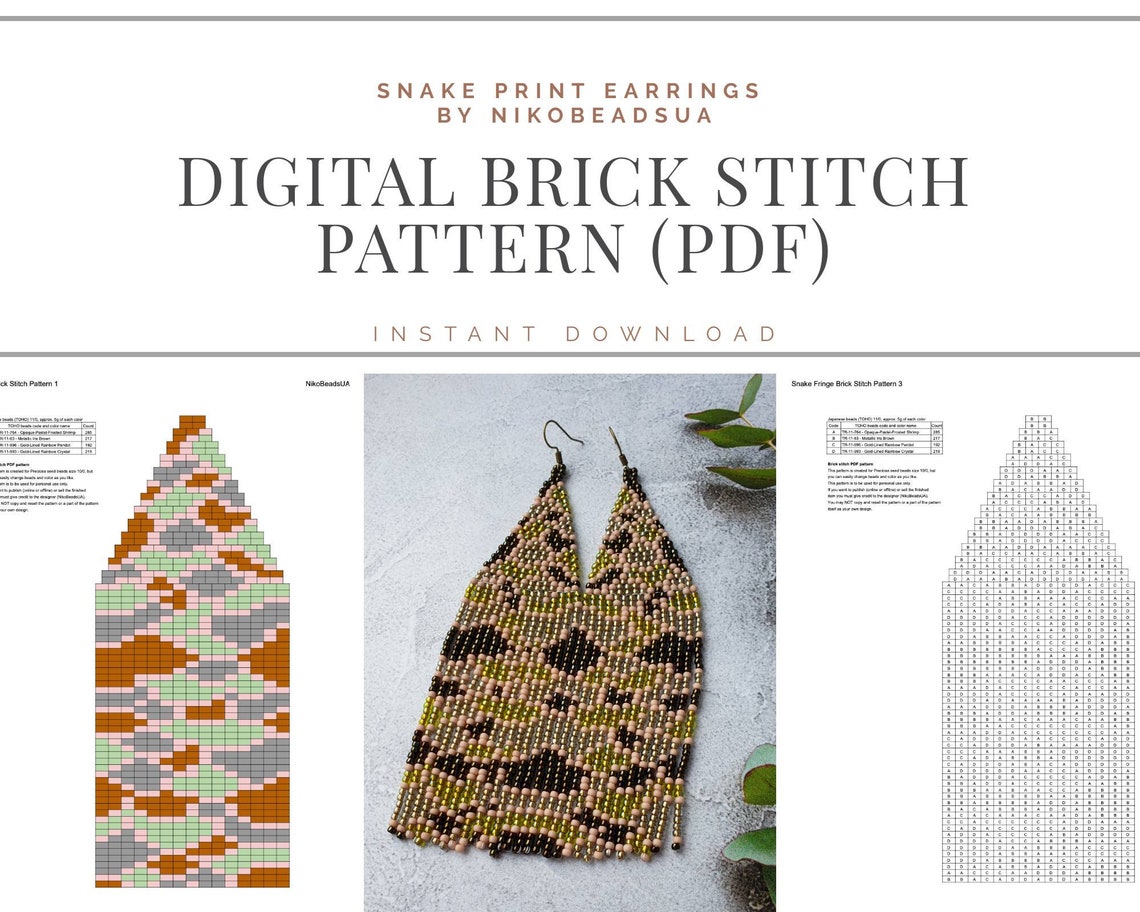 Snake Brick Stitch Pattern for Fringe Beaded Earrings Snake | Etsy