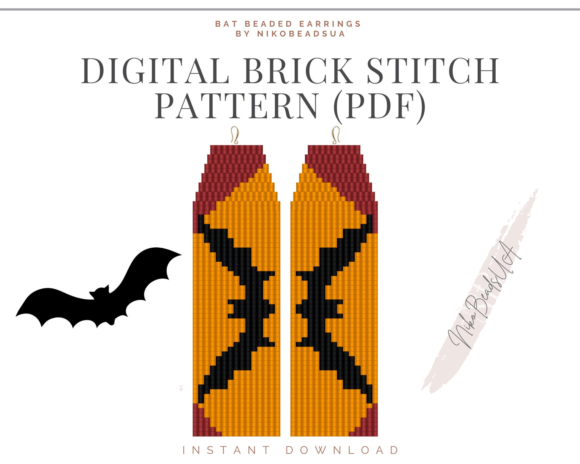 Bat Brick Stitch Pattern for Fringe Beaded Earrings, Halloween Pattern ...