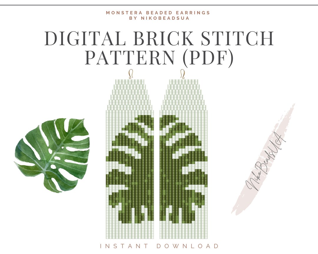 Monstera Brick Stitch Pattern for Fringe Beaded Earrings, Floral ...