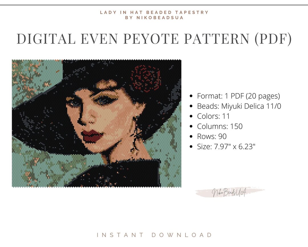 Lady in Hat Even Peyote Pattern for Beaded Tapestry, Portrait Pattern ...