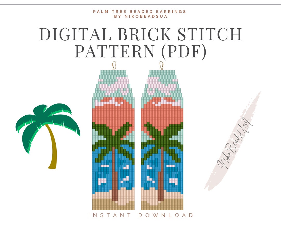 Palm Tree Brick Stitch Pattern for Fringe Beaded Earrings, Tropical ...