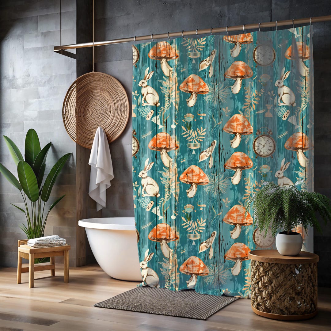 Vintage Rabbit Mushroom Clock Shower Curtain, Bunny Theme Bathroom ...