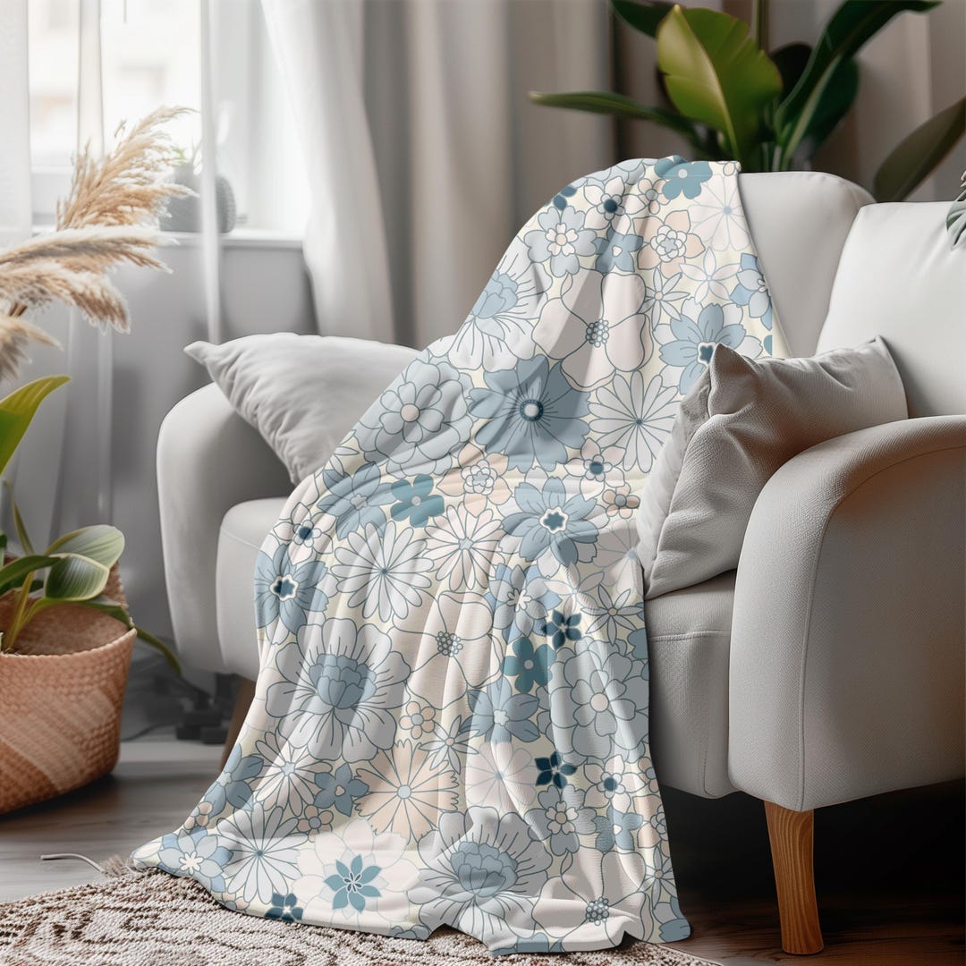 Blue Boho Floral Blanket, Blue Flower Throw, Living Room Floral Decor ...