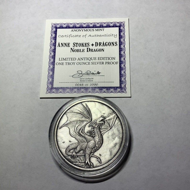 Rare Anne Stokes Silver Round 1 Oz Antiqued Noble Dragon Low Coa 0048/ ...