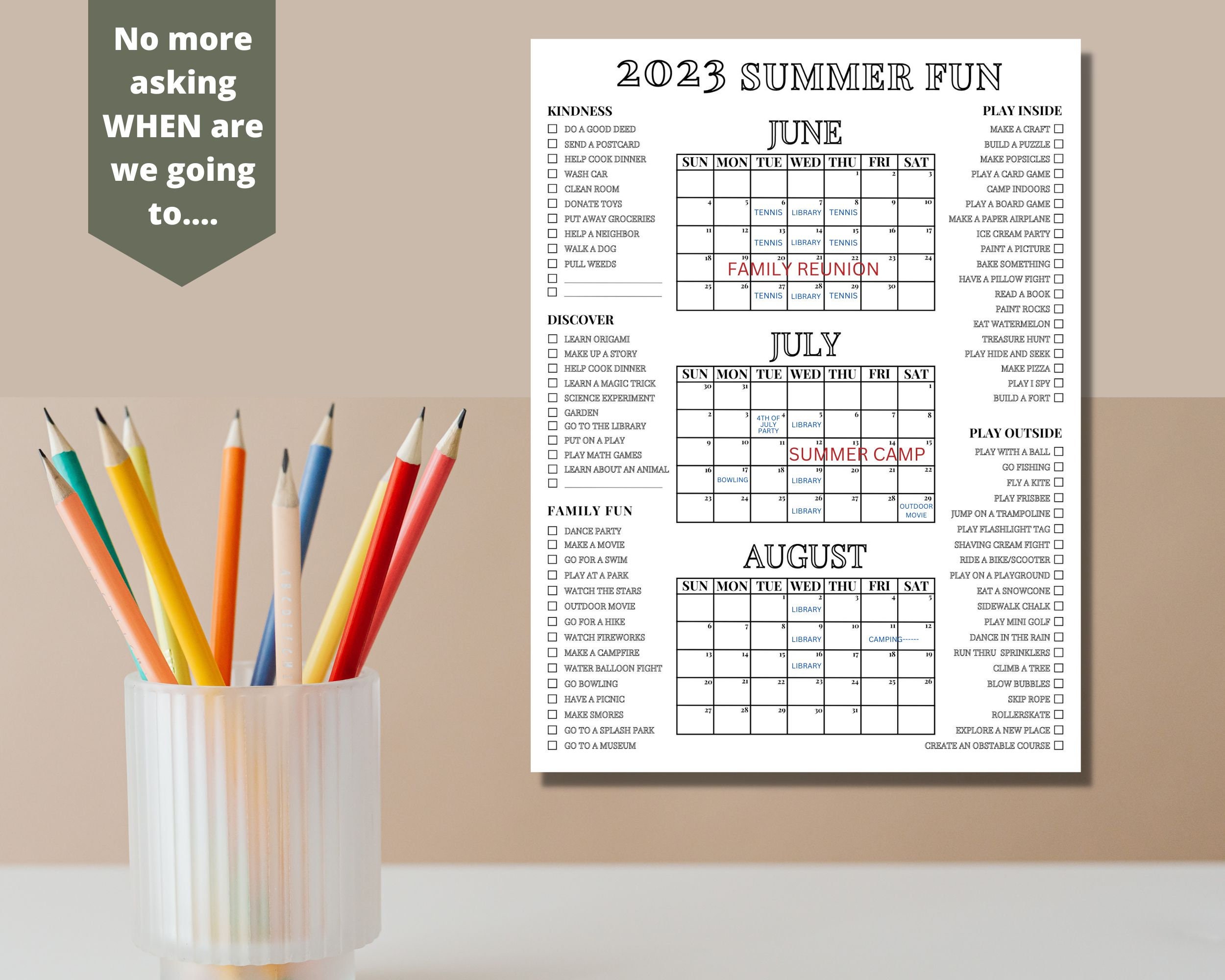 Summer Fun Calendar Printable Summer Bucket List 2023 Summer - Etsy