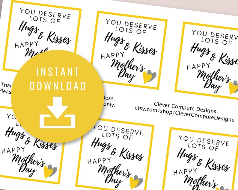 Sweet Hugs and Kisses Printable Gift Tag for Mom Mothers Day Tag Gift ...