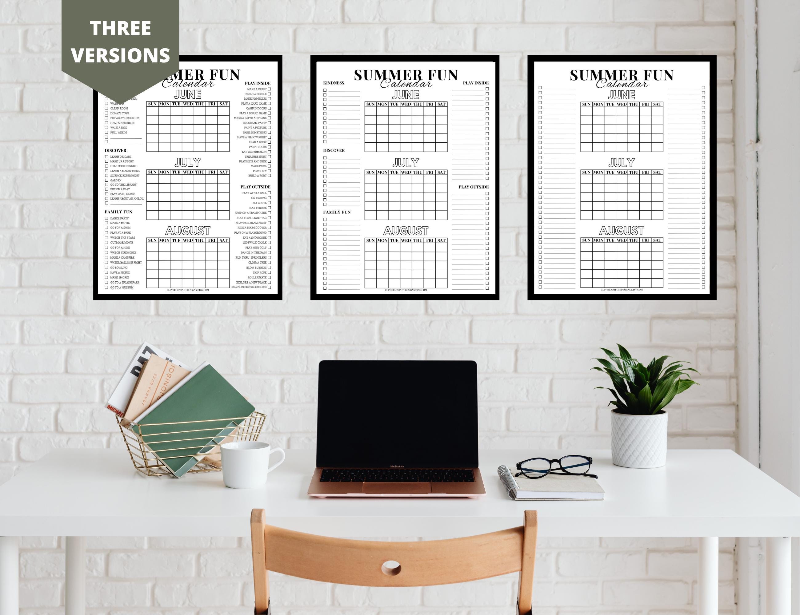 Summer Fun Calendar, Printable Summer Bucket List, Summer Activities ...
