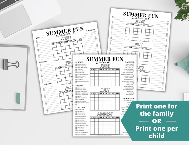 Summer Fun Calendar, Printable Summer Bucket List, Summer Activities ...