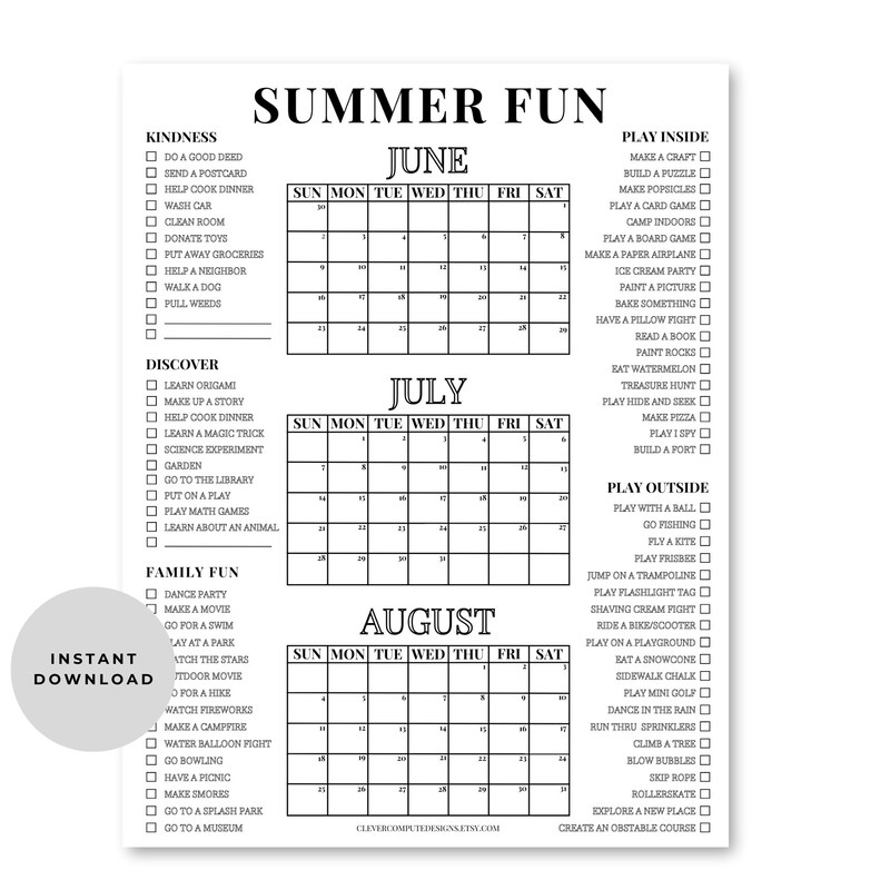 Summer of Fun Calendar - Etsy