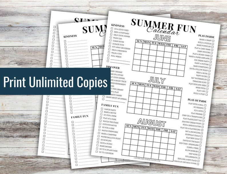 Summer Fun Calendar, Printable Summer Bucket List, Summer Activities ...