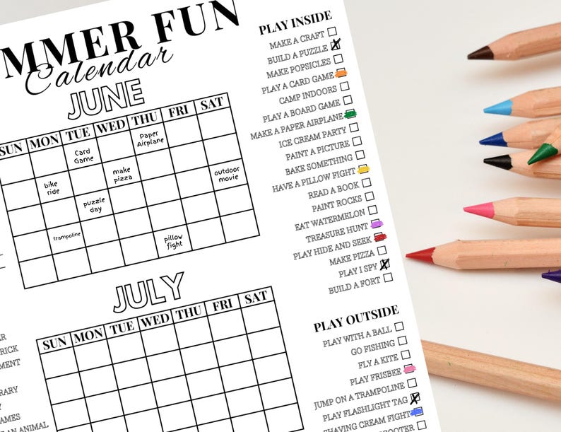 Summer Fun Calendar, Printable Summer Bucket List, Summer Activities ...