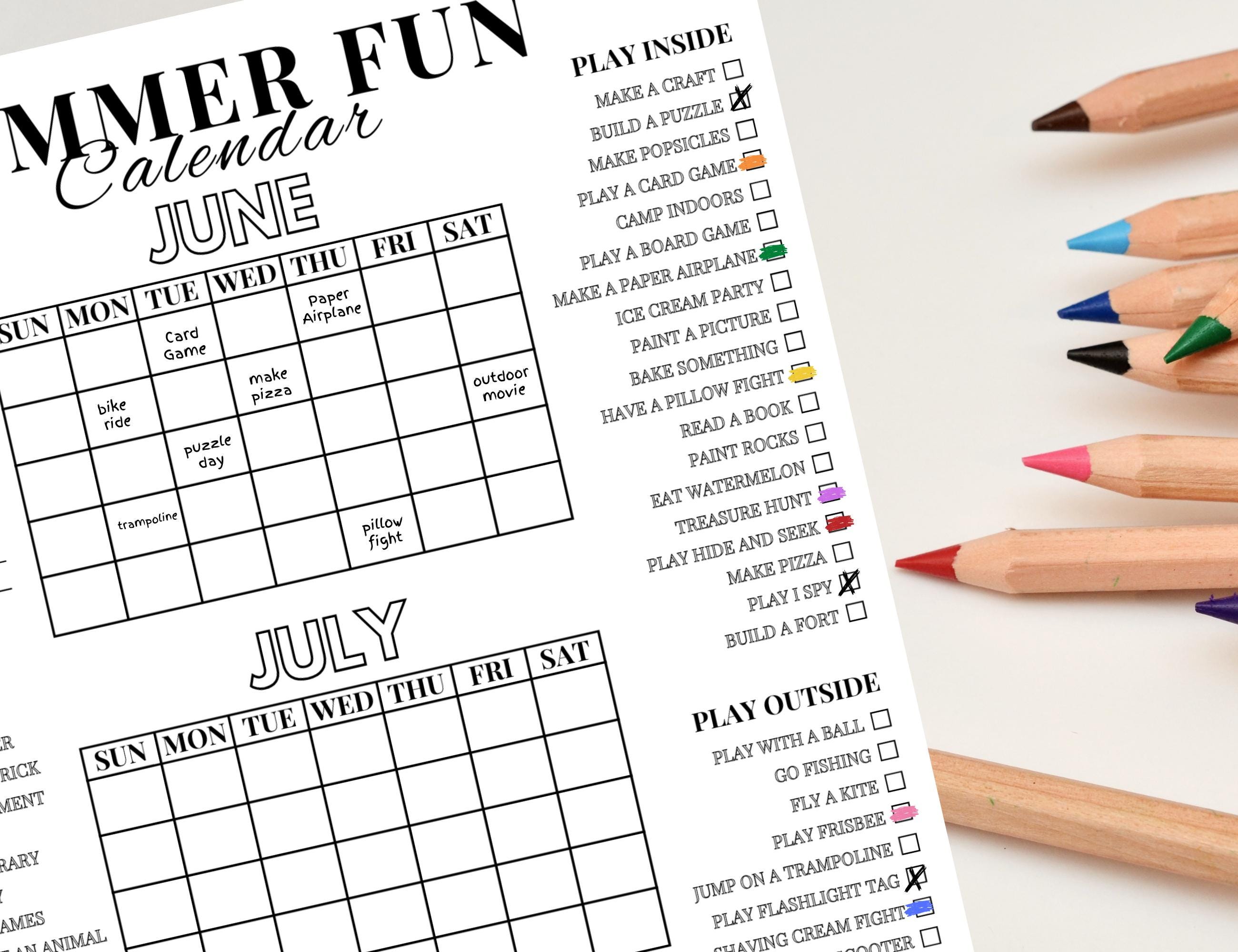 Summer Fun Calendar, Printable Summer Bucket List, Summer Activities ...