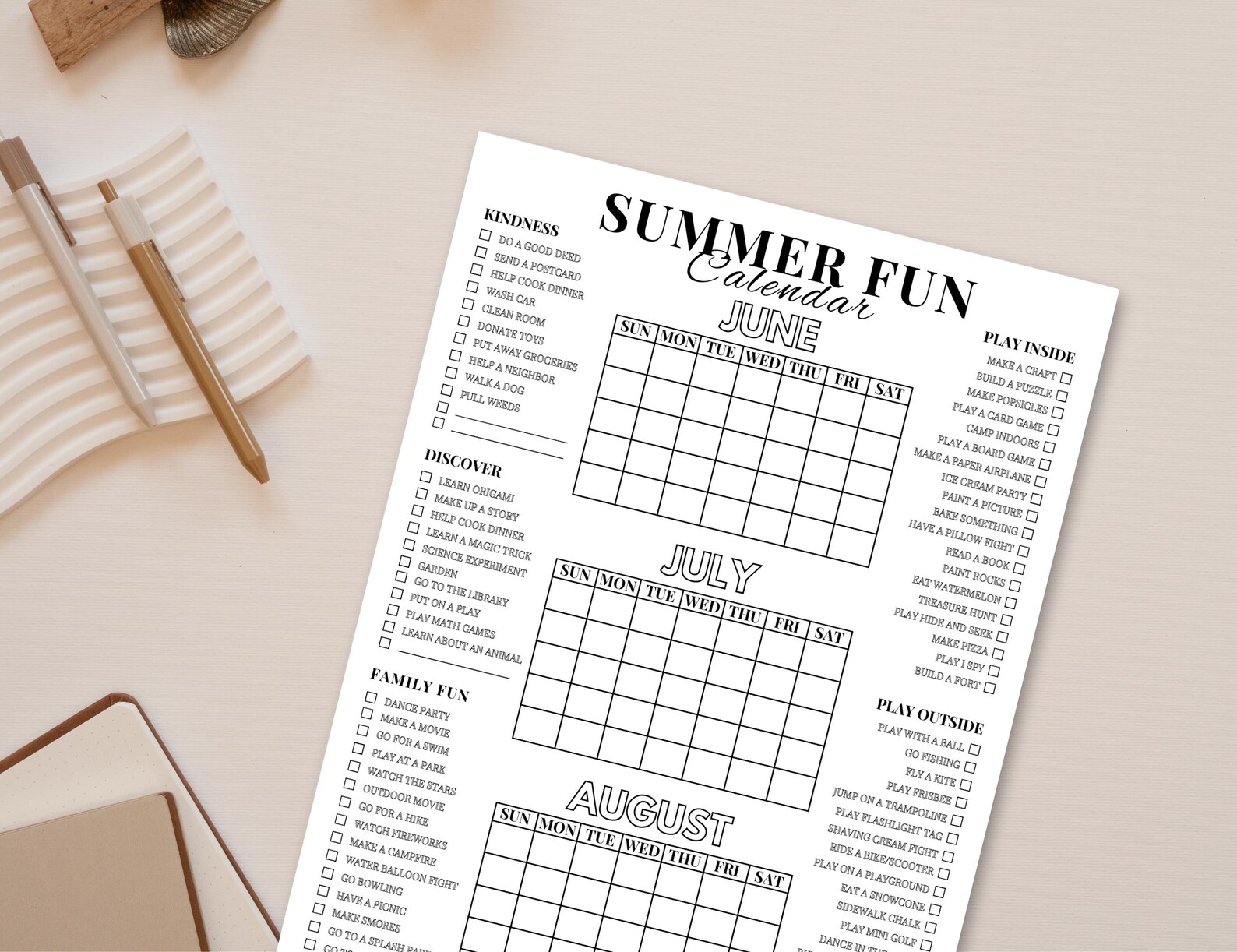 Summer Fun Calendar, Printable Summer Bucket List, Summer Activities ...