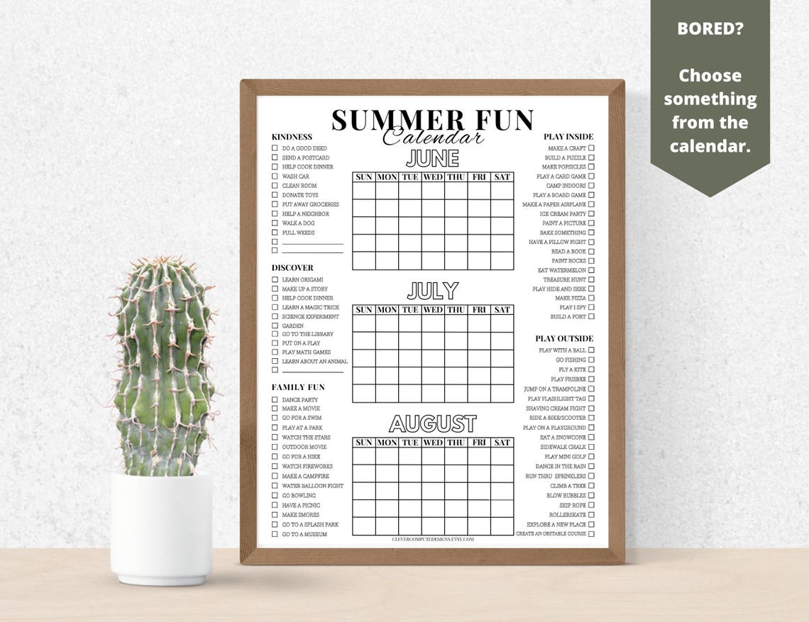 Summer Fun Calendar, Printable Summer Bucket List, Summer Activities ...