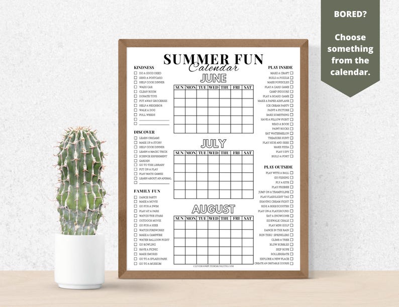 Summer Fun Calendar, Printable Summer Bucket List, Summer Activities ...