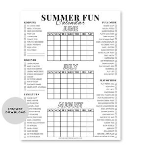 Summer Fun Calendar, Printable Summer Bucket List, Summer Activities ...