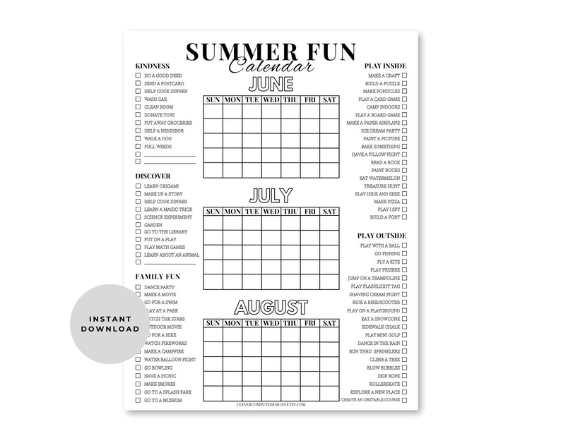 Summer Fun Calendar, Printable Summer Bucket List, Summer Activities ...