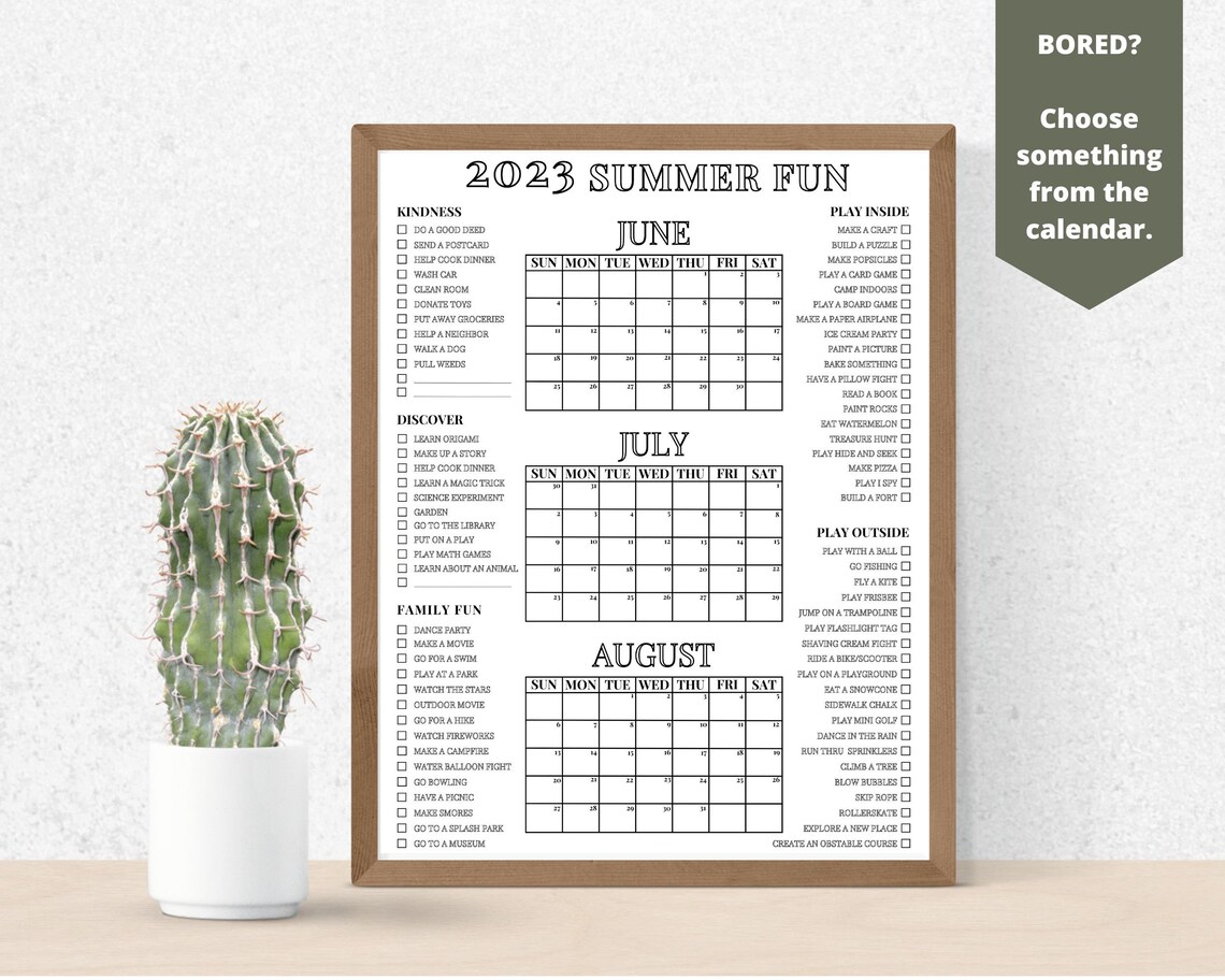 Summer Fun Calendar Printable Summer Bucket List 2023 Summer - Etsy