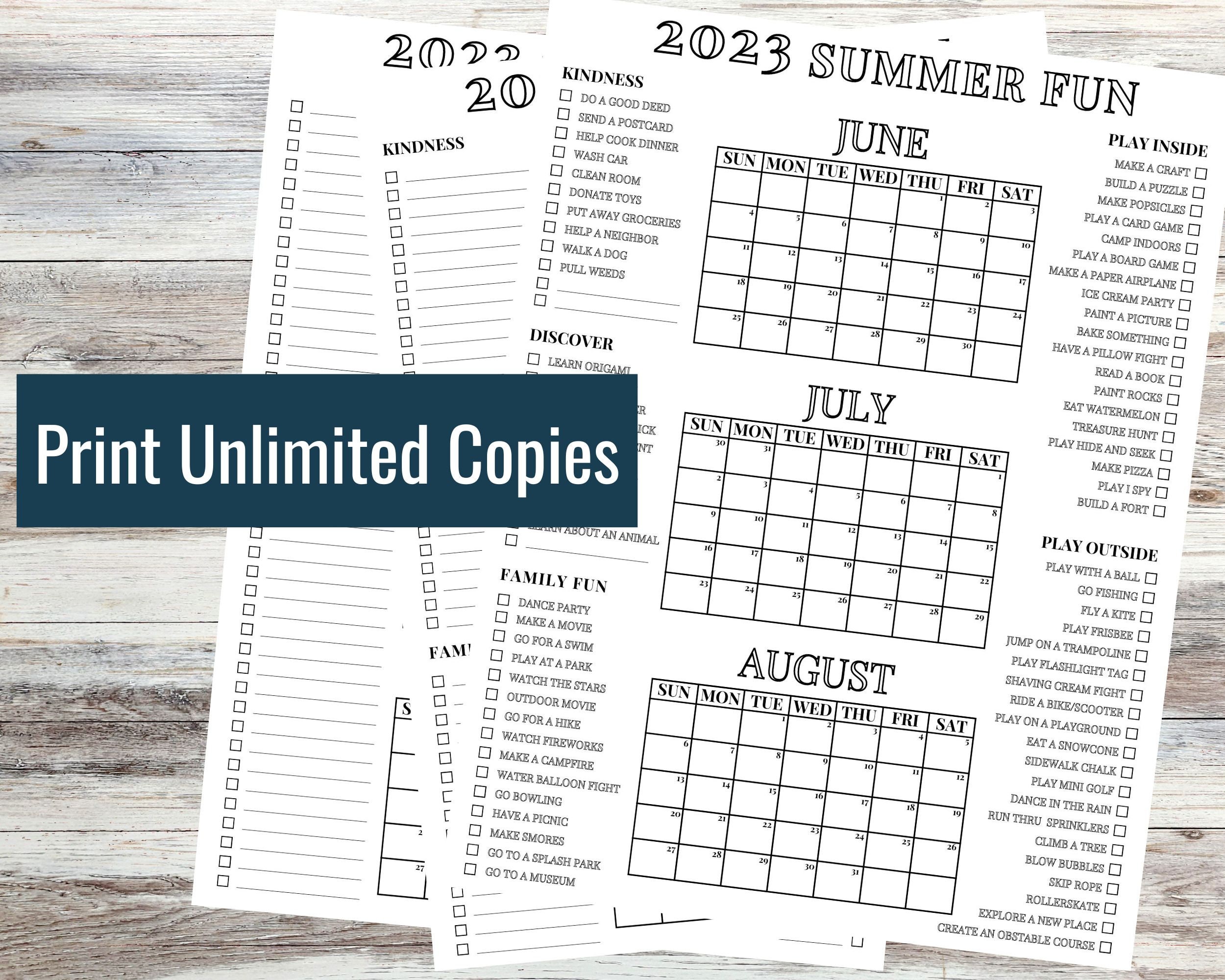 Summer Fun Calendar Printable Summer Bucket List 2023 Summer - Etsy
