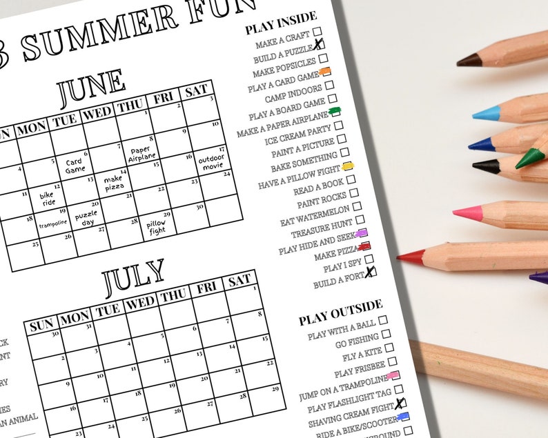 Summer Fun Calendar Printable Summer Bucket List 2023 Summer - Etsy