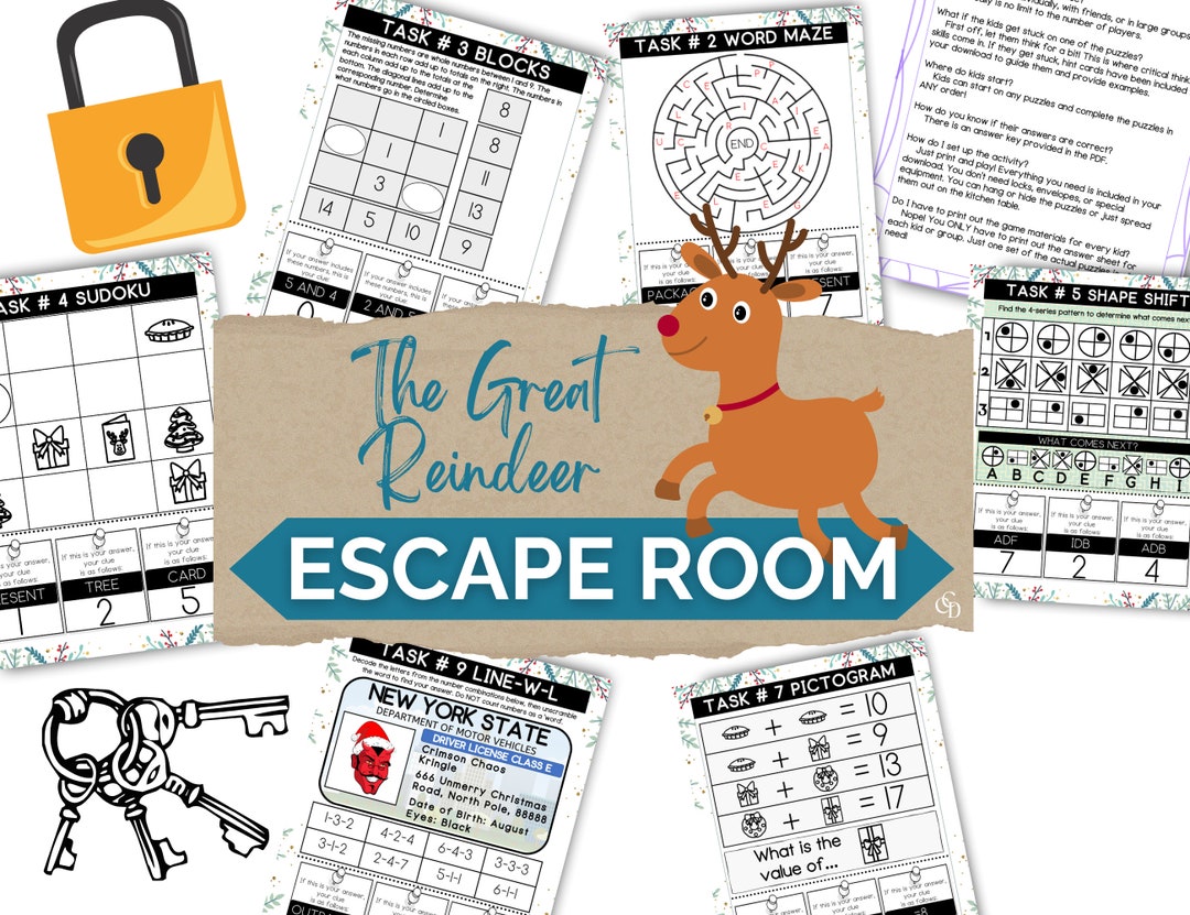 Christmas Escape Rooms for Kids, Printable Party Game, REINDEER Theme ...