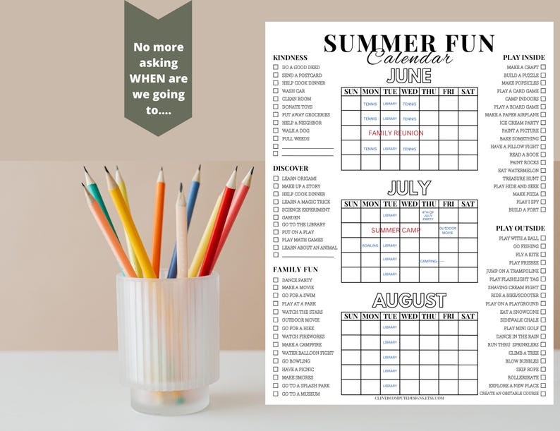 Summer Fun Calendar, Printable Summer Bucket List, Summer Activities ...