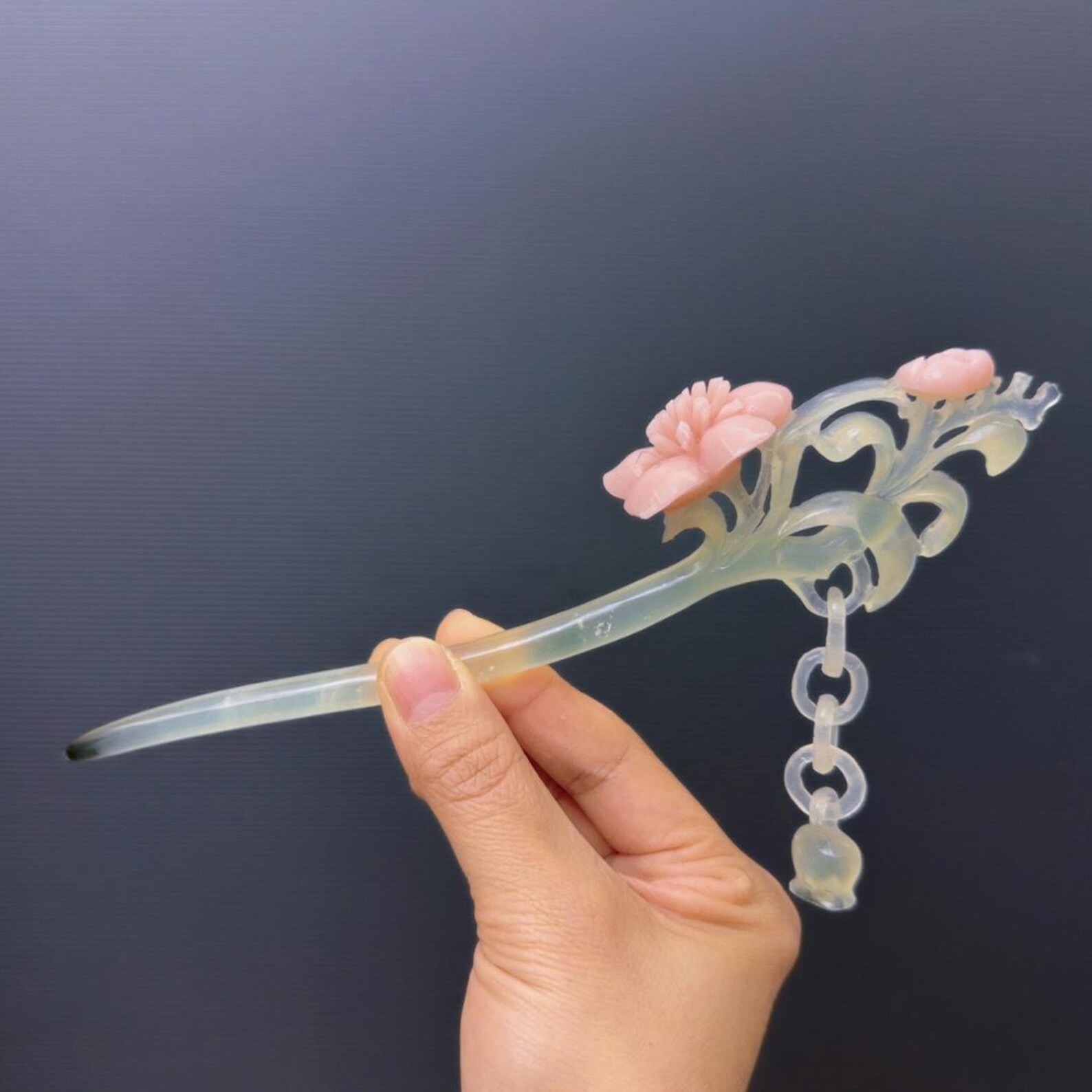 Hand Carved Xiu Jade Lily Hair Pin: Natural Pink & Green - Etsy