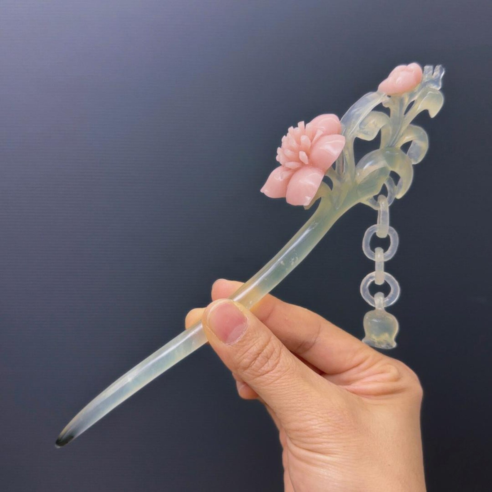 Hand Carved Xiu Jade Lily Hair Pin: Natural Pink & Green - Etsy