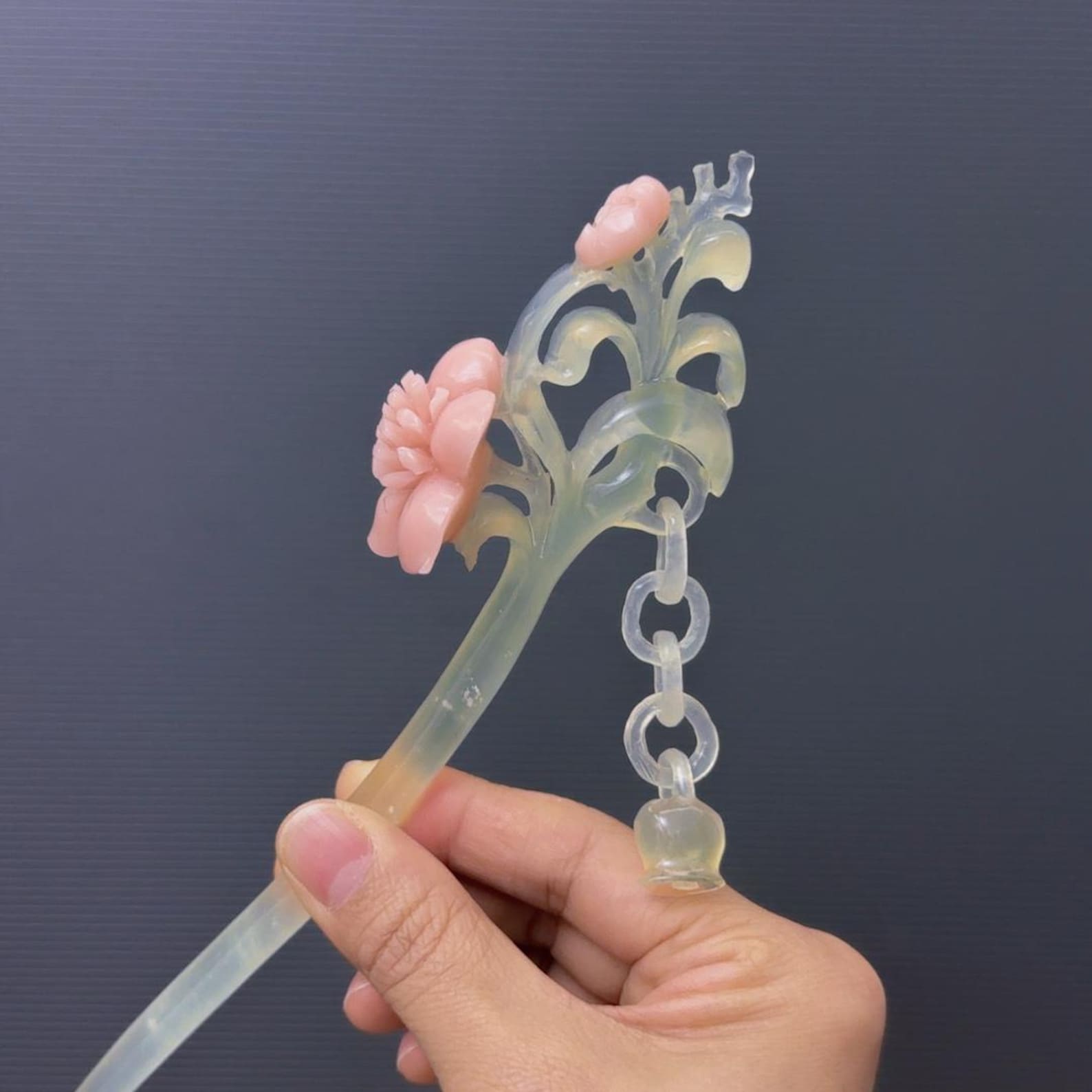 Hand Carved Xiu Jade Lily Hair Pin: Natural Pink & Green - Etsy