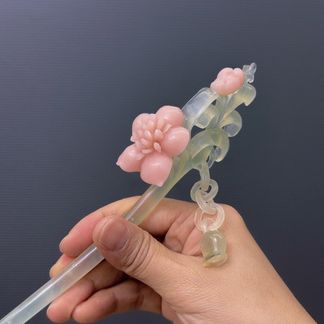 Hand Carved Xiu Jade Lily Hair Pin: Natural Pink & Green - Etsy