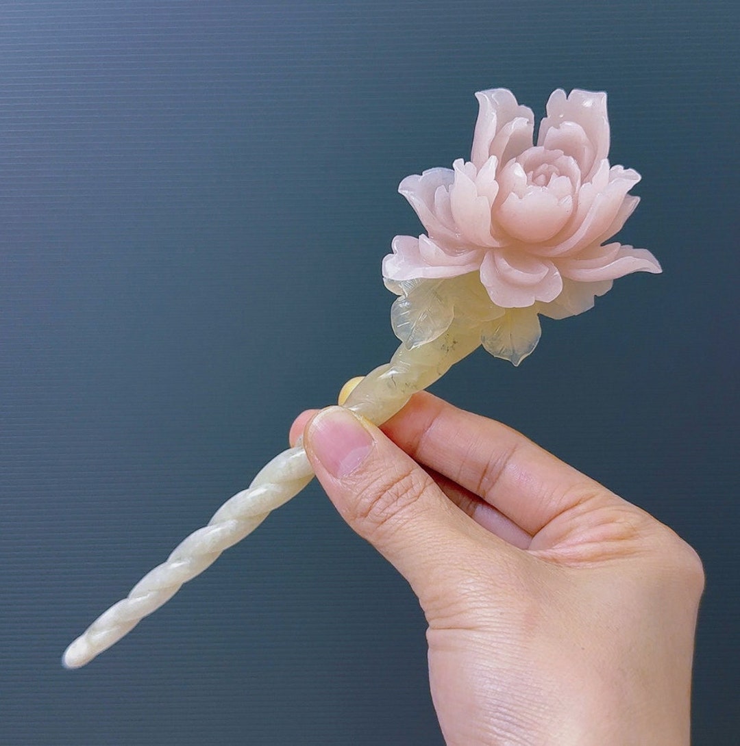 Peony Flower Jade Hair Pin Stick, Natural Xiu Jade Magnesite Symbiosis ...