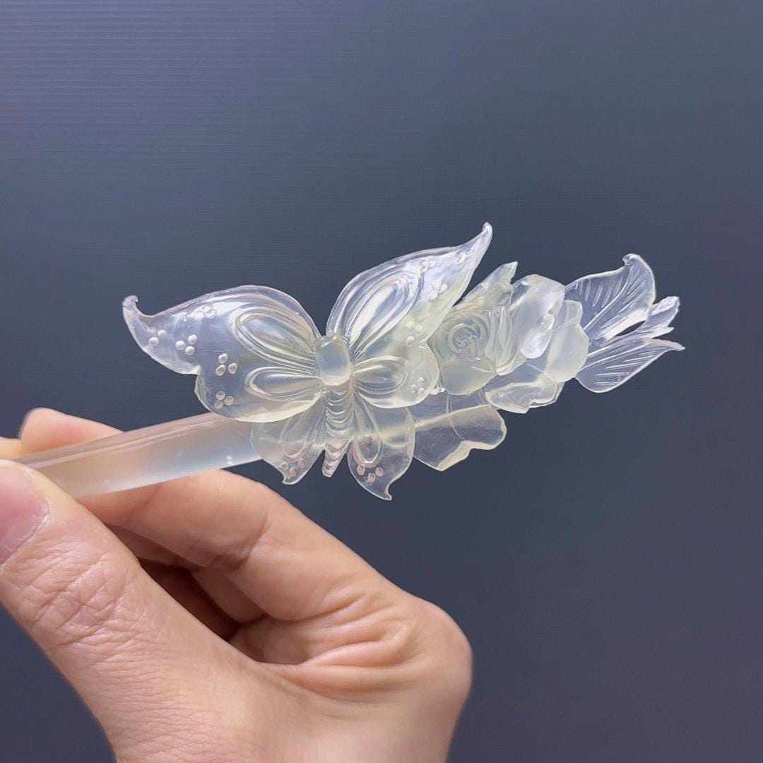 Hand Carved Butterfly Jade Hairpin: Natural Xiu Jade Hair Stick - Etsy