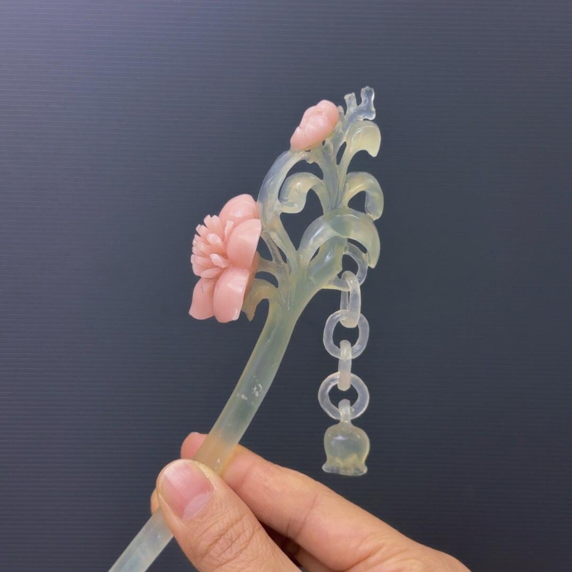 Hand Carved Xiu Jade Lily Hair Pin: Natural Pink & Green - Etsy