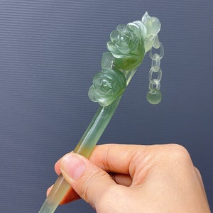 Double Rose Jade Hairpin, Untreated Natrual Jade Hairpin, Rose Hair ...