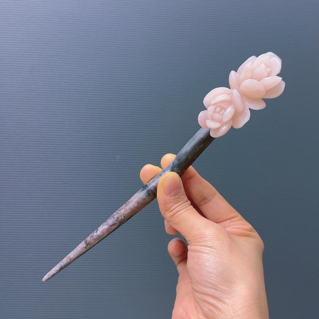 Peony Flower Jade Hair Pin Stick, Natural Xiu Jade Magnesite Symbiosis ...